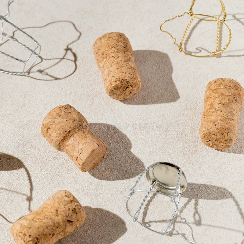 Creative Composition Made of Champagne Corks on Beige Sunlit Background ...