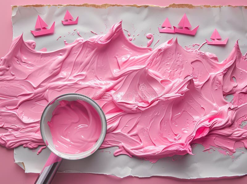 Creative Composition of Pink Paint with Paper Boats on Textured ...