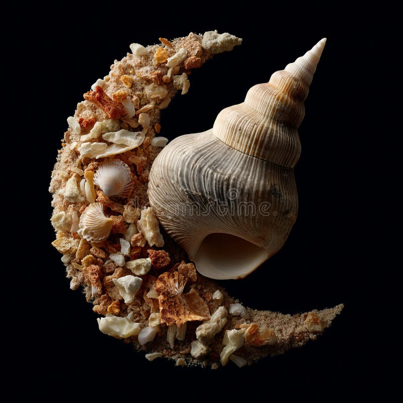 Creative Composition of Shells and Sand Arranged in a Crescent Moon ...