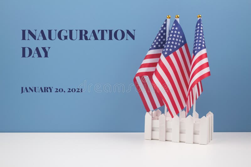 Creative Composition with USA Flags on White Table with Blue Wall ...