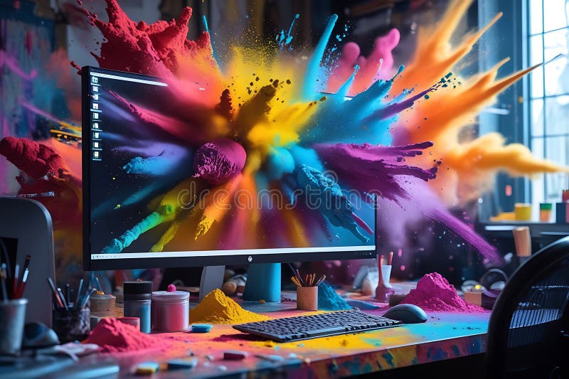 Creative Computer Exploding with Splashes of Colorful Paint on Desktop, Concept. Think ...