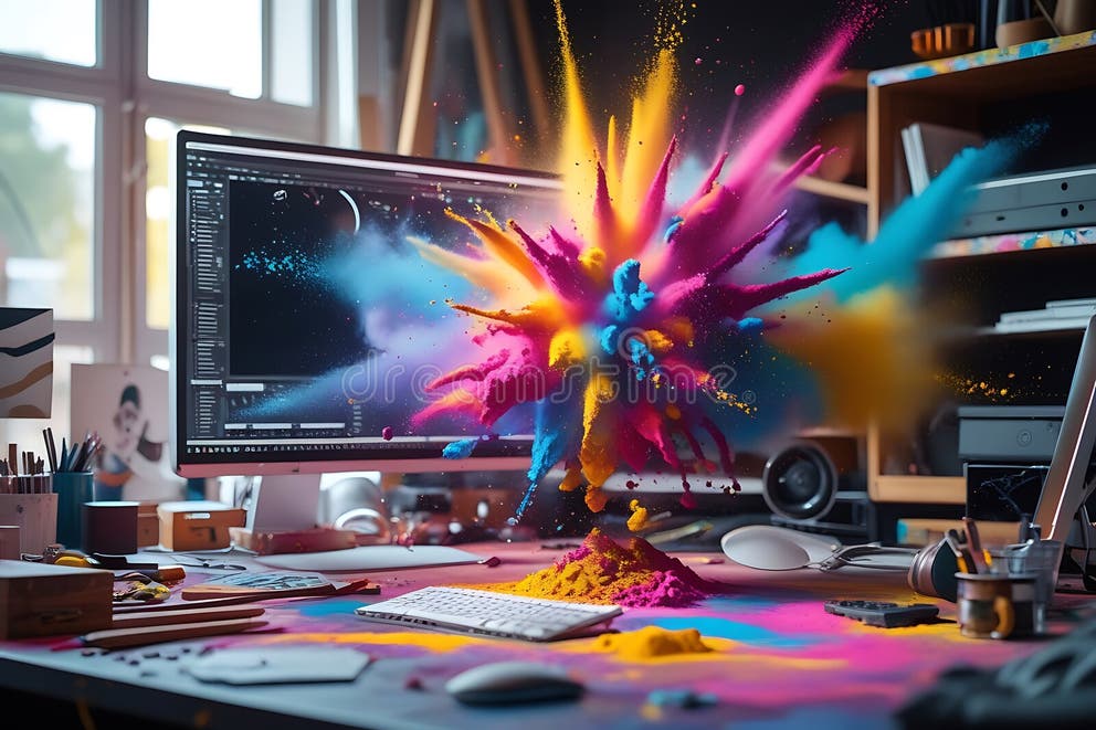 Creative Computer Exploding with Splashes of Colorful Paint on Desktop ...