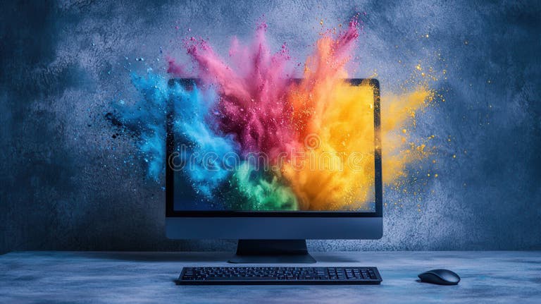 Creative Computer Exploding with Splashes of Colorful Paint on Desktop ...