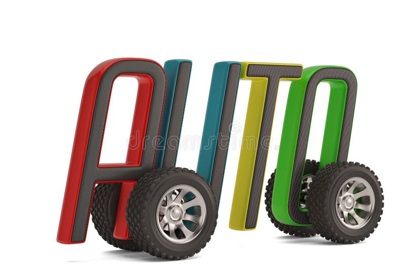 Creative Concept Auto Words with Wheels Isolated on White Background 3D ...