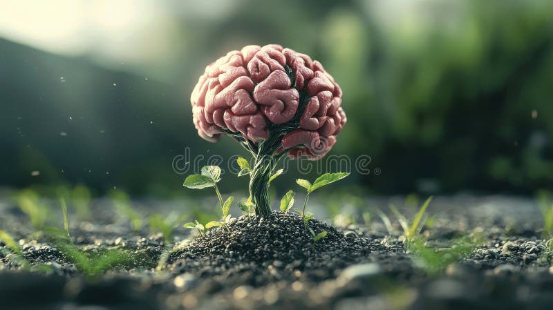 Creative Concept of Brain Growing from Soil with Sprouting Plants Stock ...
