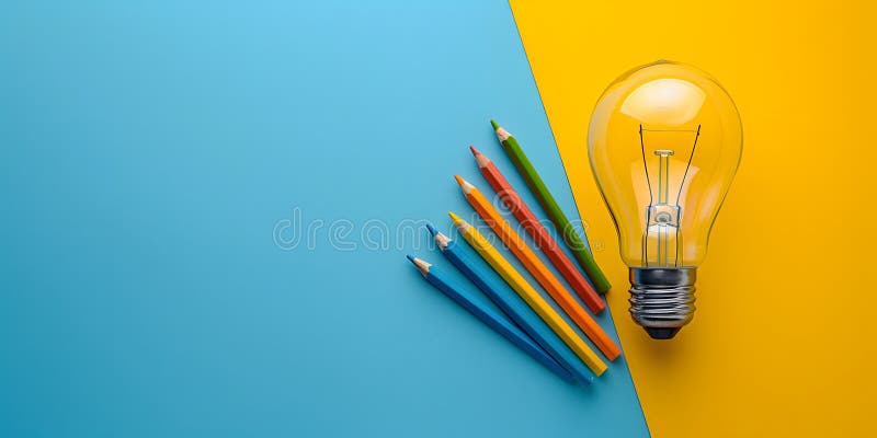 Creative Concept with Colored Pencils and Light Bulb on Blue and Yellow ...
