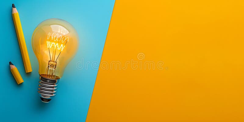 Creative Concept with Colored Pencils and Light Bulb on Blue and Yellow ...