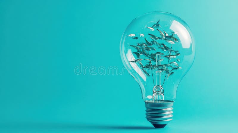 Creative Concept of Fish Swimming Inside a Light Bulb on a Teal ...