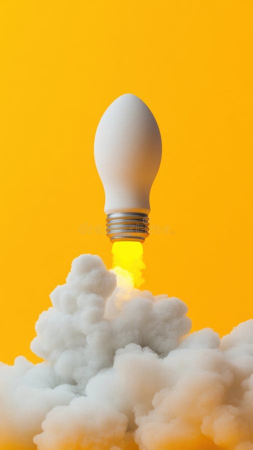 Light Bulb Rocket Launching Against a Vibrant Orange Background, AI ...
