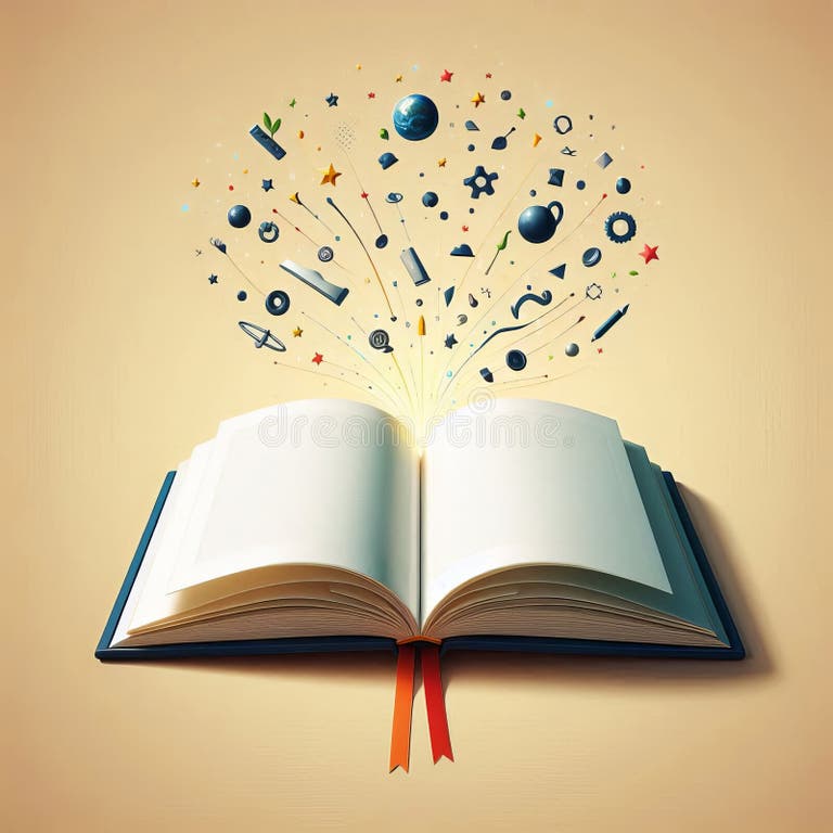 Creative Concept with Open Book and Exploding Icons Stock Illustration ...