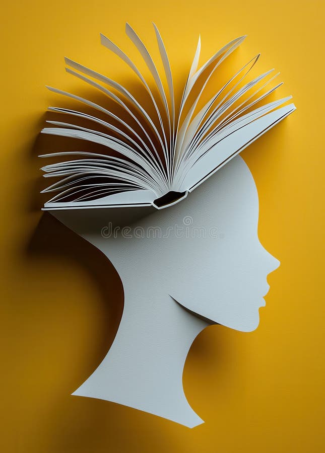 Creative Concept with Open Book Forming Head Silhouette on Yellow ...