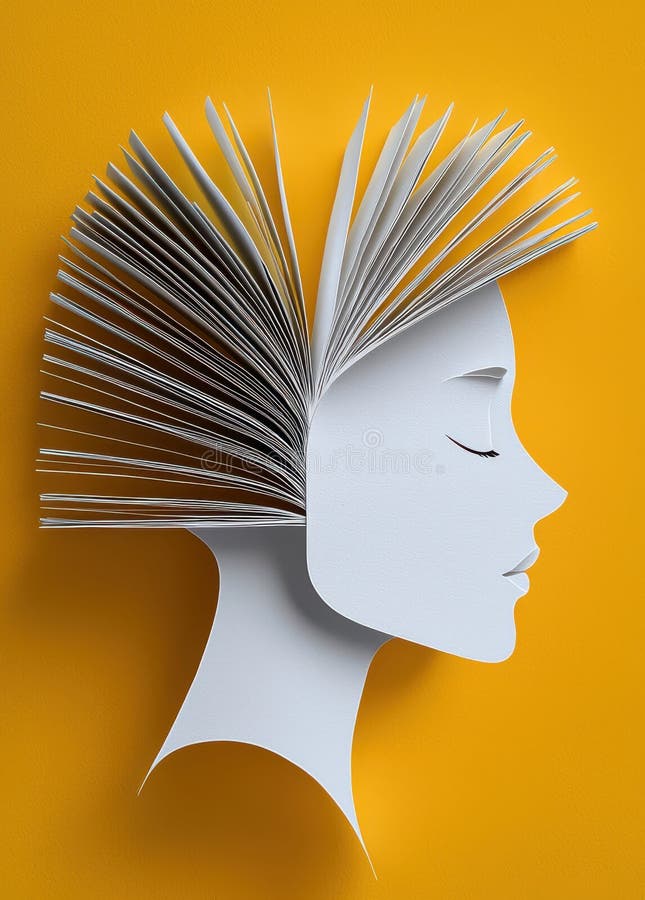 Creative Concept with Open Book Forming Head Silhouette on Yellow ...
