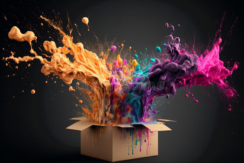 Cardboard Box Package Surprise Idea with Colorful Splash Ink. Creative ...