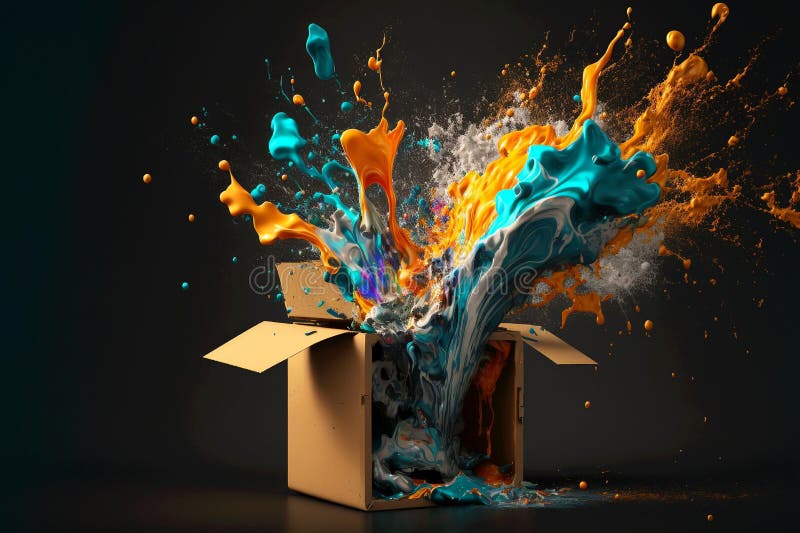 Cardboard Box Package Surprise Idea with Colorful Splash Ink. Creative ...