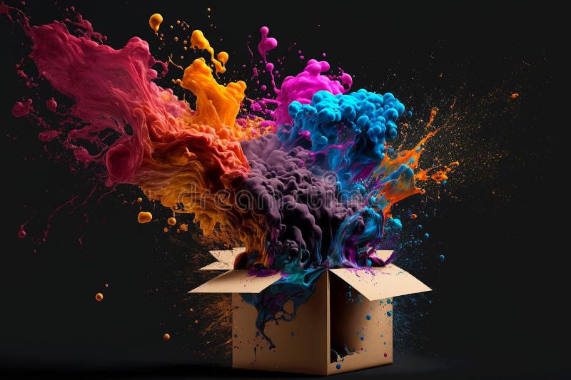 Cardboard Box Package Surprise Idea with Colorful Splash Ink. Creative ...