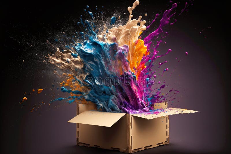 Cardboard Box Package Surprise Idea with Colorful Splash Ink. Creative ...