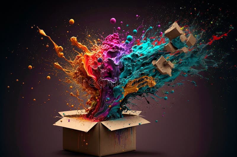 Cardboard Box Package Surprise Idea with Colorful Splash Ink. Creative ...