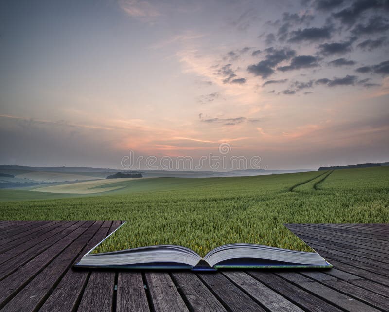 Creative Concept Pages of Book Summer Sunrise Over Landscape of Stock ...