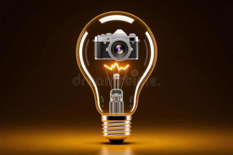 Creative Concept of Photography: Camera Inside Illuminated Light Bulb ...