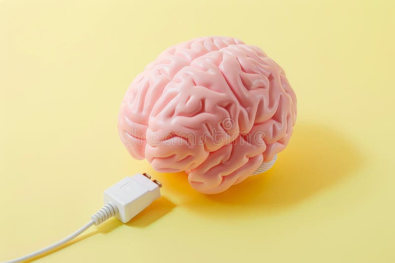 Creative Concept of a Pink Brain Connected To a White USB Cable on a ...