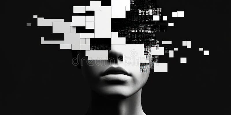 Creative Concept of a Pixelated Face Silhouette Representing Digital Dissolution Stock ...