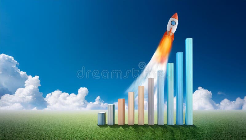 Creative Concept of a Rocket Launching Over a Bar Graph Background ...