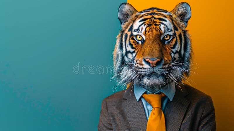 Creative Concept of a Tiger Head on a Human Body in a Suit with a Bold ...