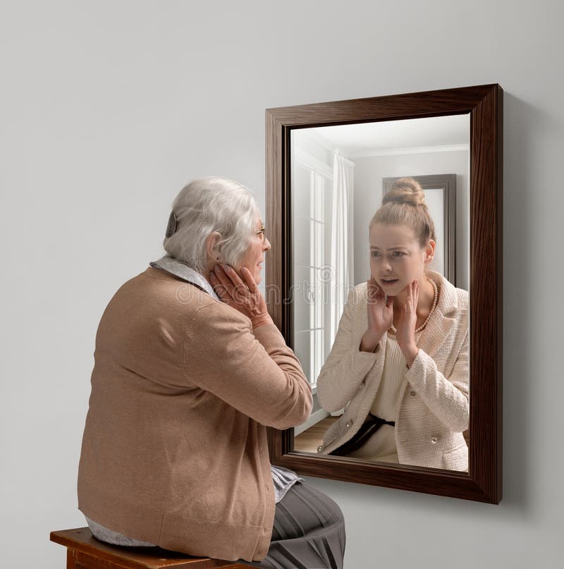 Creative Conceptual College. Senior Woman Looking in Mirror with ...