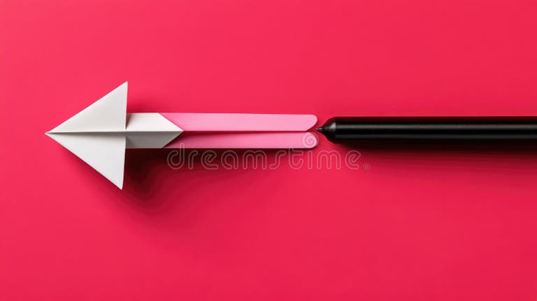 Creative Conceptual Image of a Paper Arrow and Pen on Red Background ...