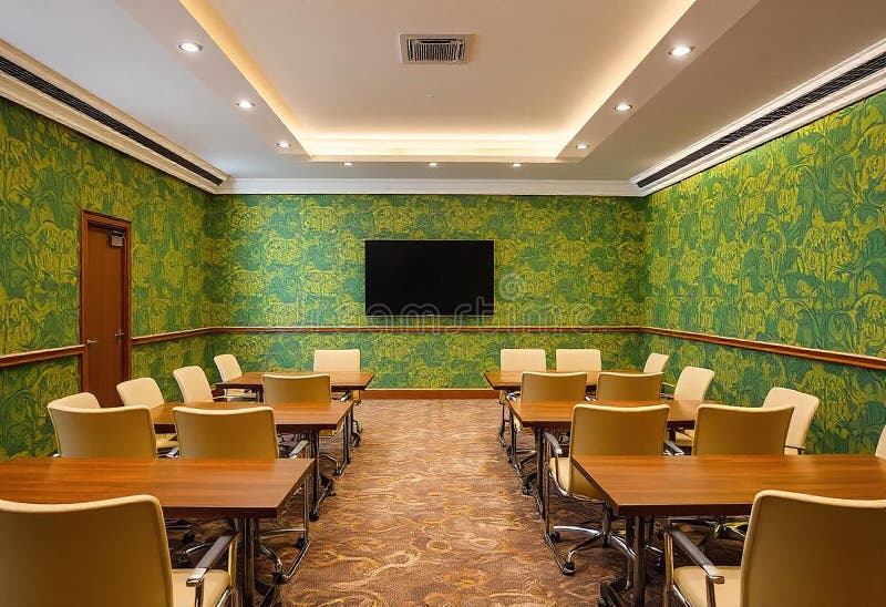 A Conference Room with a Green and Yellow Wallpaper Stock Image - Image ...