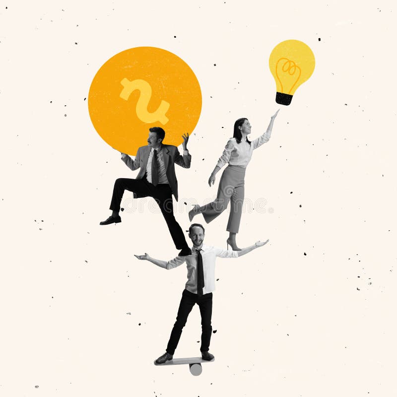 Creative Contemporary Art Collage of Employees Balancing and Connecting ...