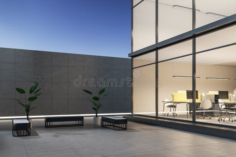 Creative Contemporary Exterior of Office Building with Territory. Night ...