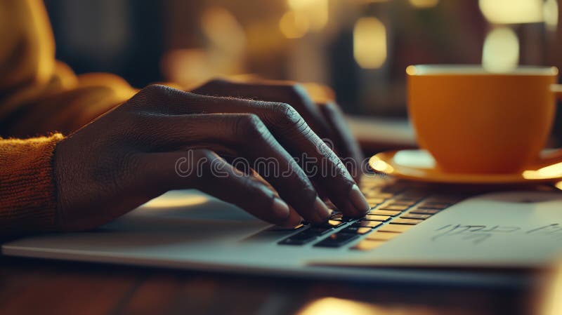 Creative Content Creation: Hands Typing on Laptop Keyboard with Coffee ...