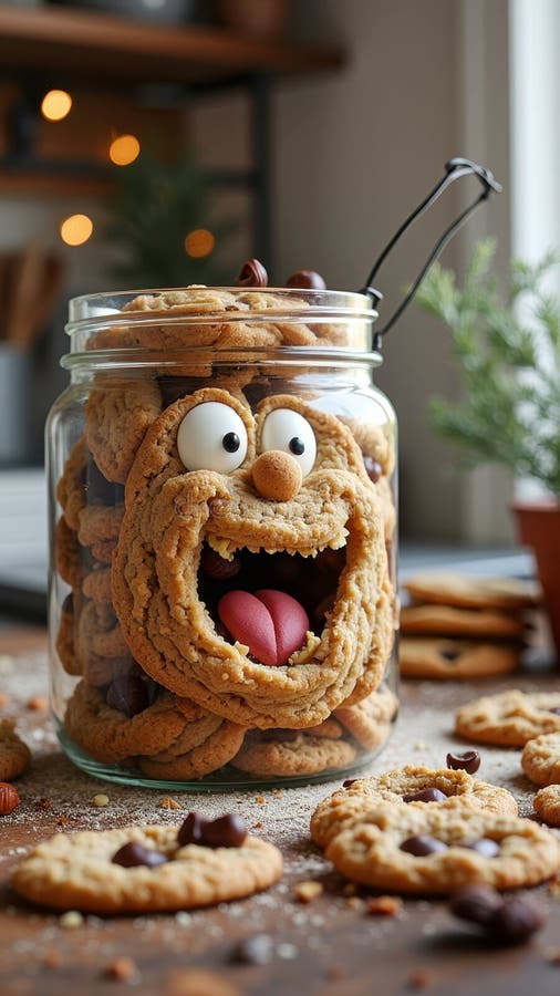 Creative Cookie Monster Jar with Expressive Face in Kitchen Setting ...