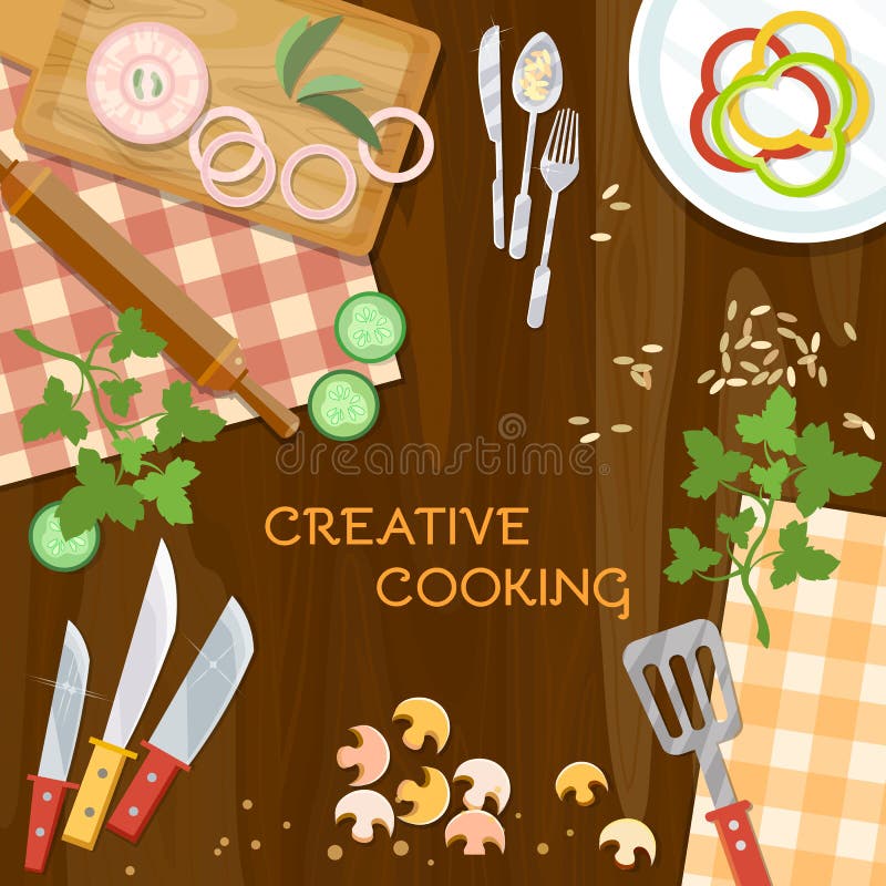 Cooking Food Kitchenware on the Table Top View Stock Vector ...
