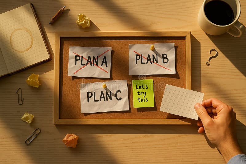 Creative Cork Board Showing Failed Plans a and B, Highlighting Plan C ...