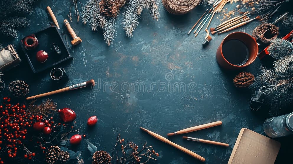 Creative Crafting Setup with Brushes and Holiday Decor Stock Photo ...