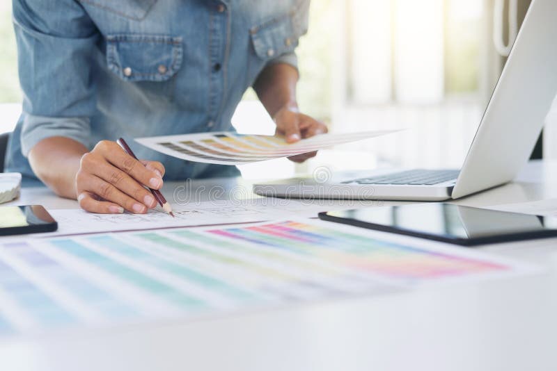 Creative Creativity Graphic Designer Working with Graphics Table Stock ...