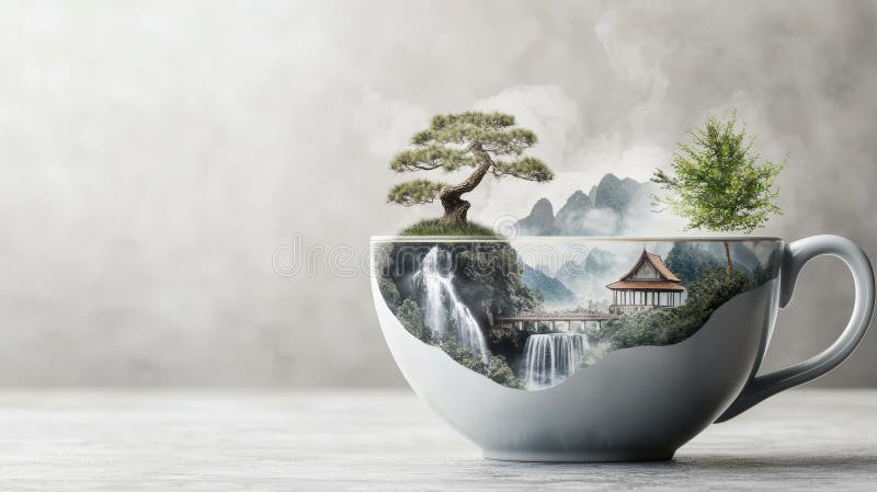 A Creative Cup Featuring a Serene Landscape with a Tree, Waterfall, and ...