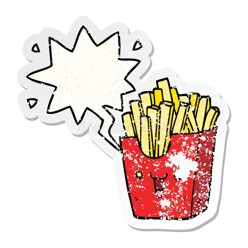 A Creative Cute Cartoon Box of Fries and Speech Bubble Distressed ...