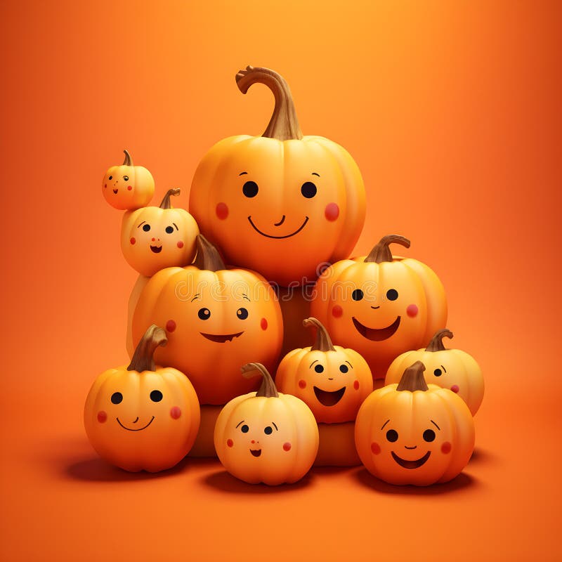 Creative Cute Pumpkin Characters on Bright Orange Background Stock ...