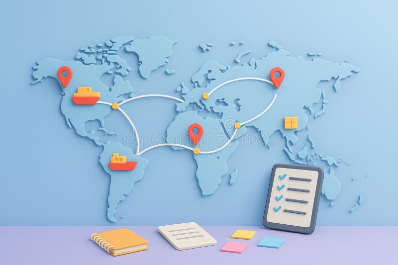 Creative 3D Illustration of Global Logistics and Shipping Route with ...