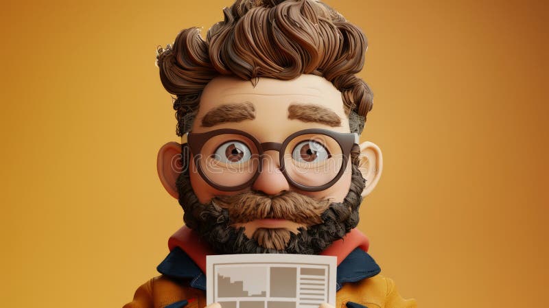 Creative 3D Illustration of a Man with Glasses and a Beard Holding a ...