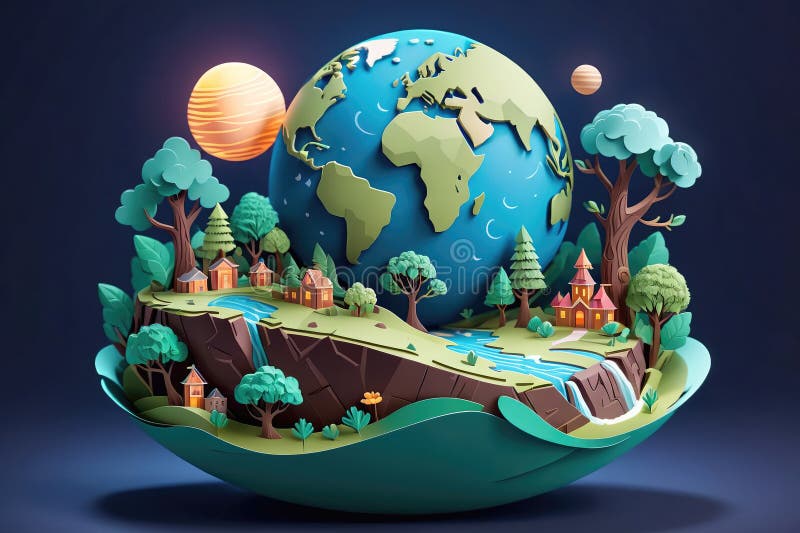 Creative 3D Model of Earth Surrounded by Nature and Planets in the ...