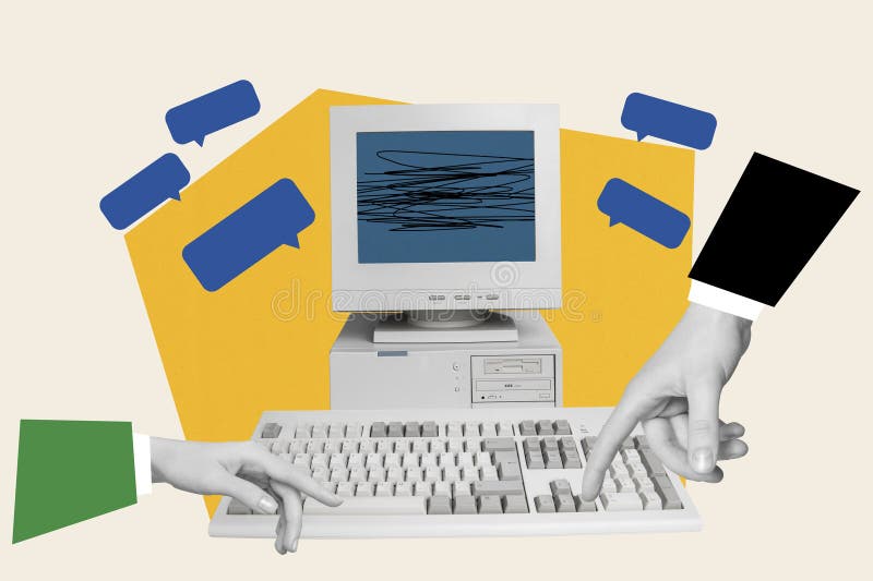 Creative 3d Model of Retro Computer Collage Where Human Fingers Using ...