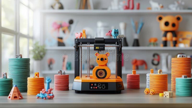 Creative 3D Printer Engaged in a Colorful Printing Process Surrounded ...