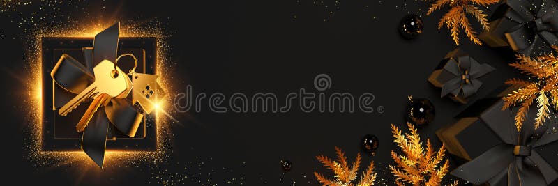 Creative 3D Render Design Template with Golden Keys and a House Shaped ...