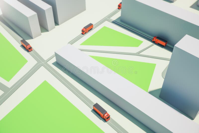 Creative 3D Rendering Route with Orange Lorry Vehicles. Stock ...