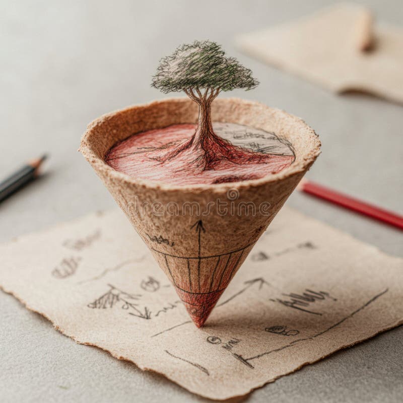 Creative 3d Sketch with Tree Emerging from a Cone-shaped Drawing Stock ...