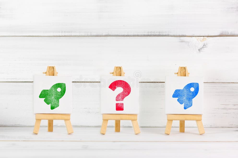 Creative Decision-Making Concept with Rocket Symbols and Question Mark ...
